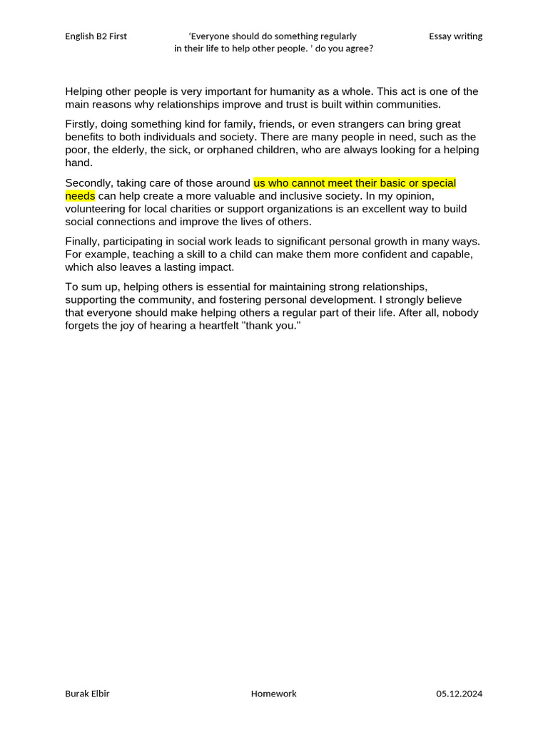 English B2 First Everyone Should Do Something Regularly Essay Writing ...