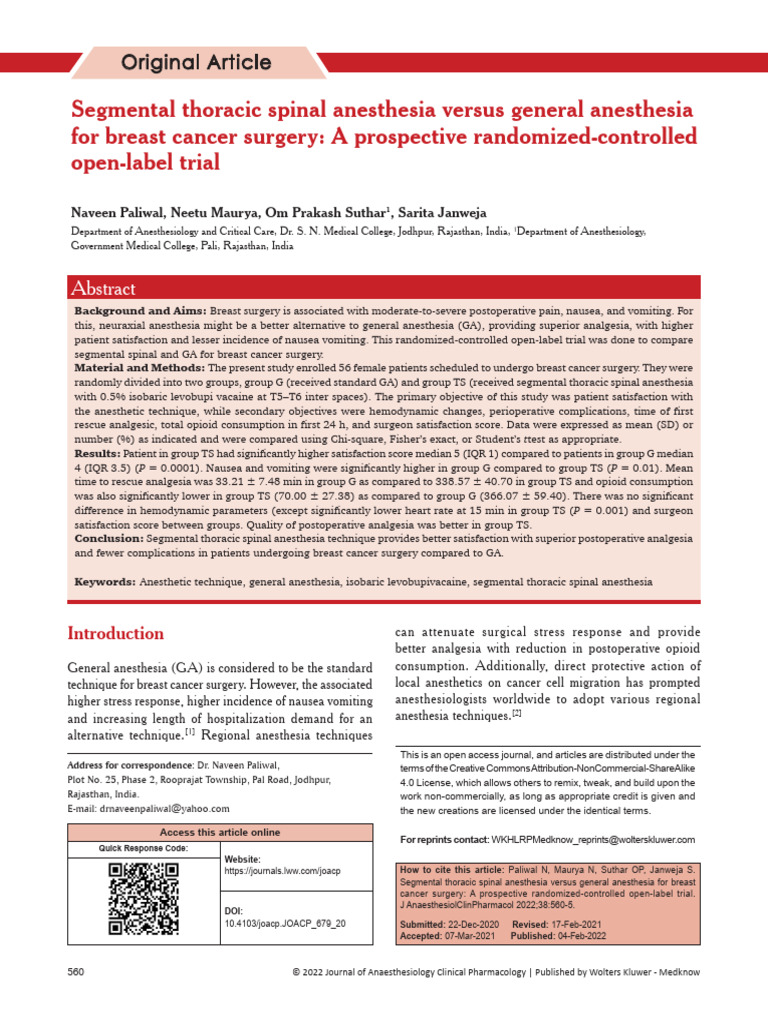 Segmental Thoracic Spinal Anesthesia Versus.7 | PDF | Anesthesia | Surgery