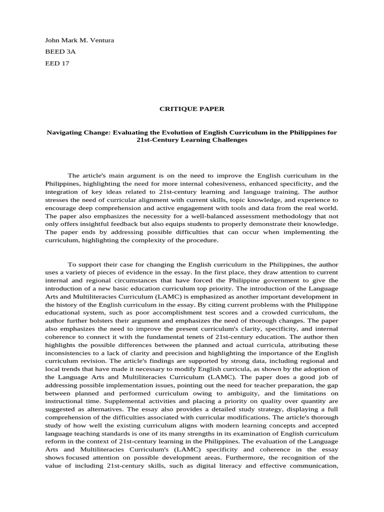Critique paper 2 | PDF | Curriculum | Evaluation