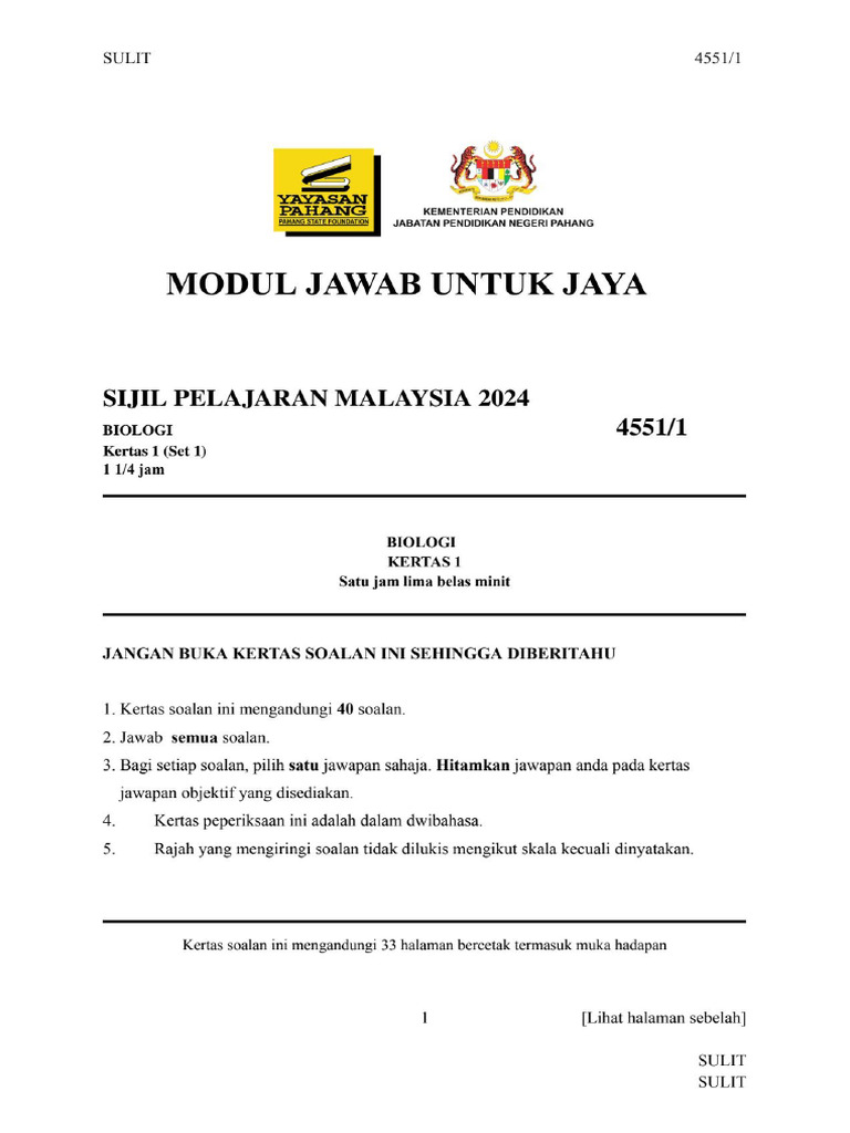 Juj 2024 - Bio1 Set 1 | PDF