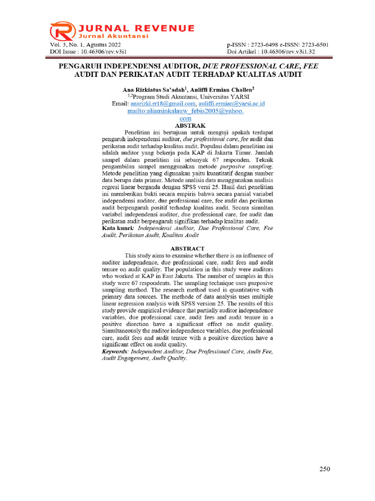 Pengaruh Independensi Auditor, Due Professional Care, Fee Audit Dan Perikatan Audit Terhadap ...
