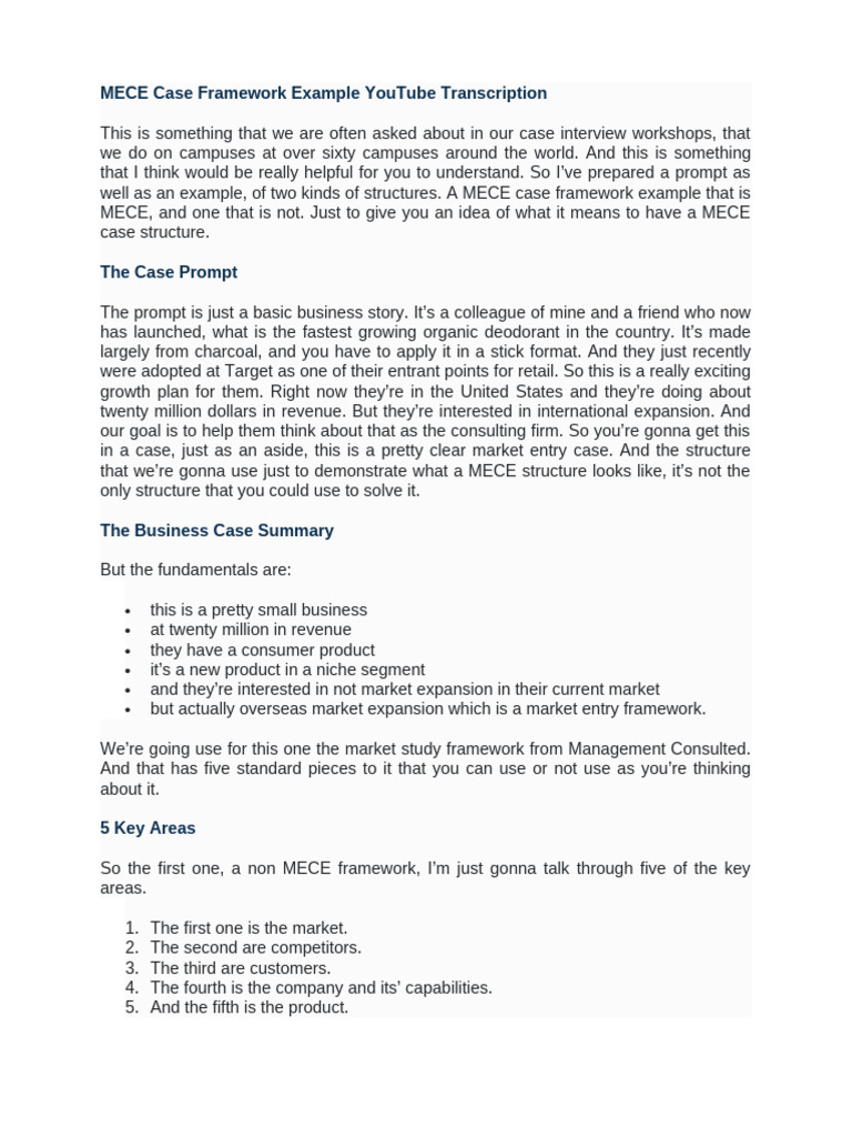 MECE Case Framework Example YouTube Transcription | PDF | Market ...