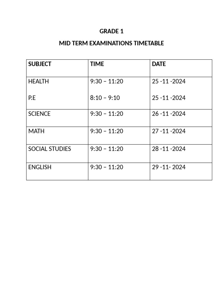 GRADE 1 Mid Term Exam Timetable (1) | PDF
