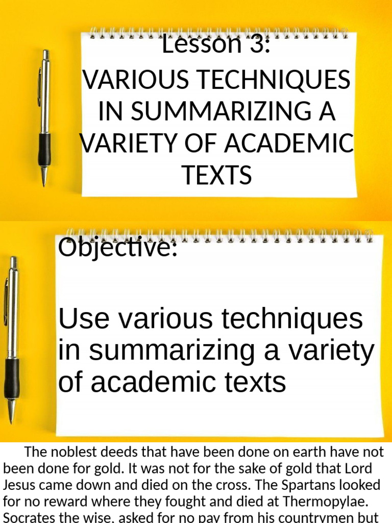 Lesson 3 Uses Various Techniques in Summarizing A Variety of Academic Texts | PDF | Information ...
