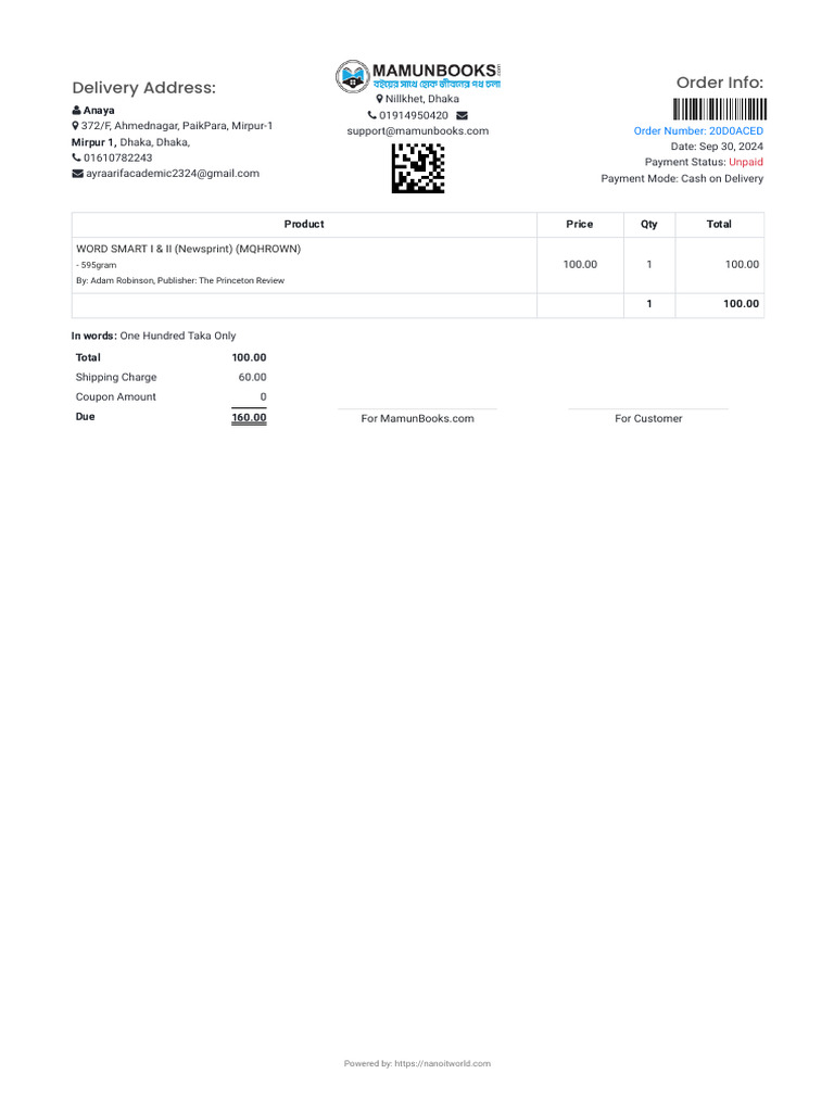 Unpaid Order Details for Word Smart Book | PDF