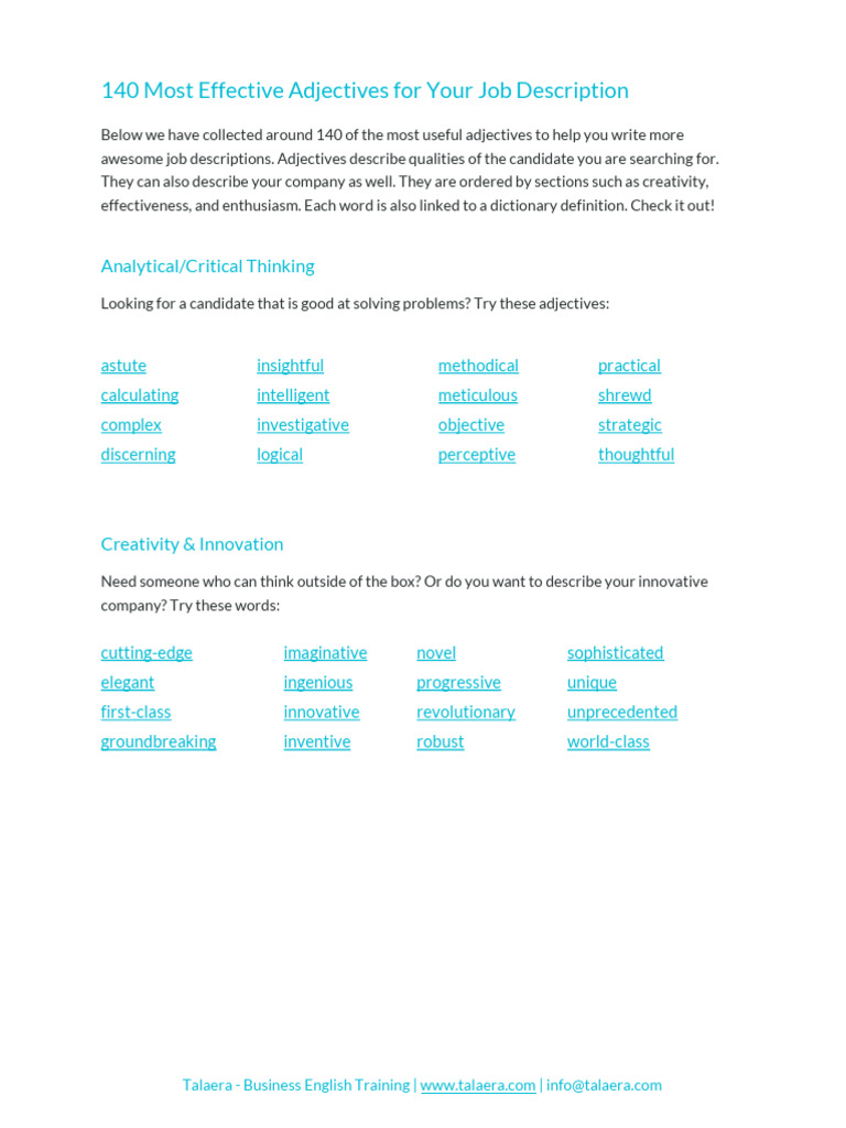 Adjectives To Describe Job Descriptions | PDF | Creativity