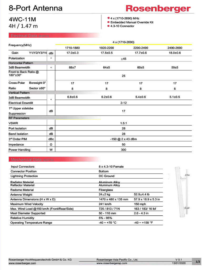 4wc 11m Anten 8 Port 1800 2600 | PDF | Antenna (Radio) | Telecommunications Engineering