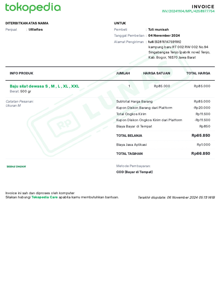 Invoice Pembelian Baju Silat Tuti | PDF