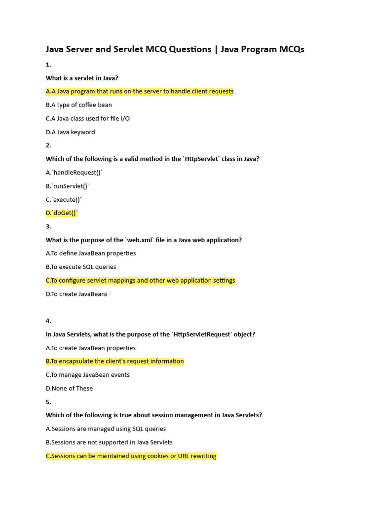 Java Server and Servlet MCQ Questions | PDF | Java (Programming Language) | Web Server