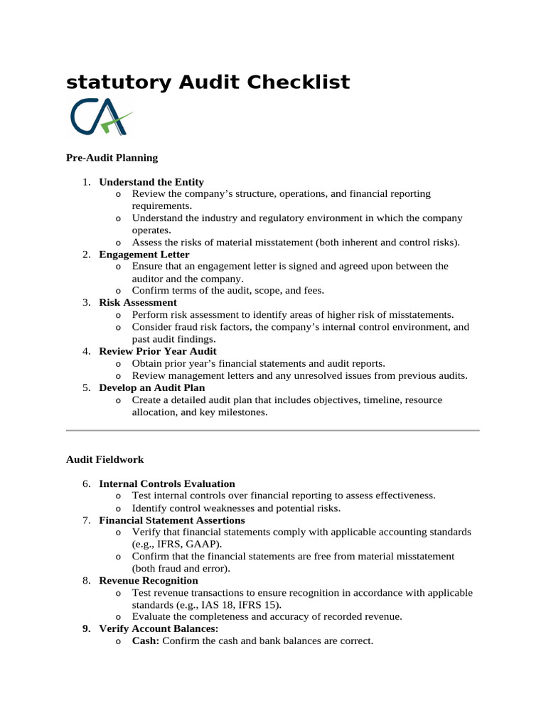 Statutory Audit Checklist | PDF | Audit | Internal Control