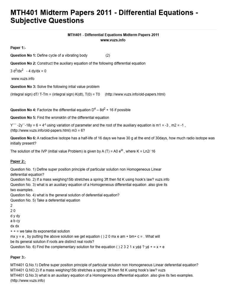 MTH401 Midterm Papers 2011 - Differential Equations - Subjective Questions | PDF | Equations ...