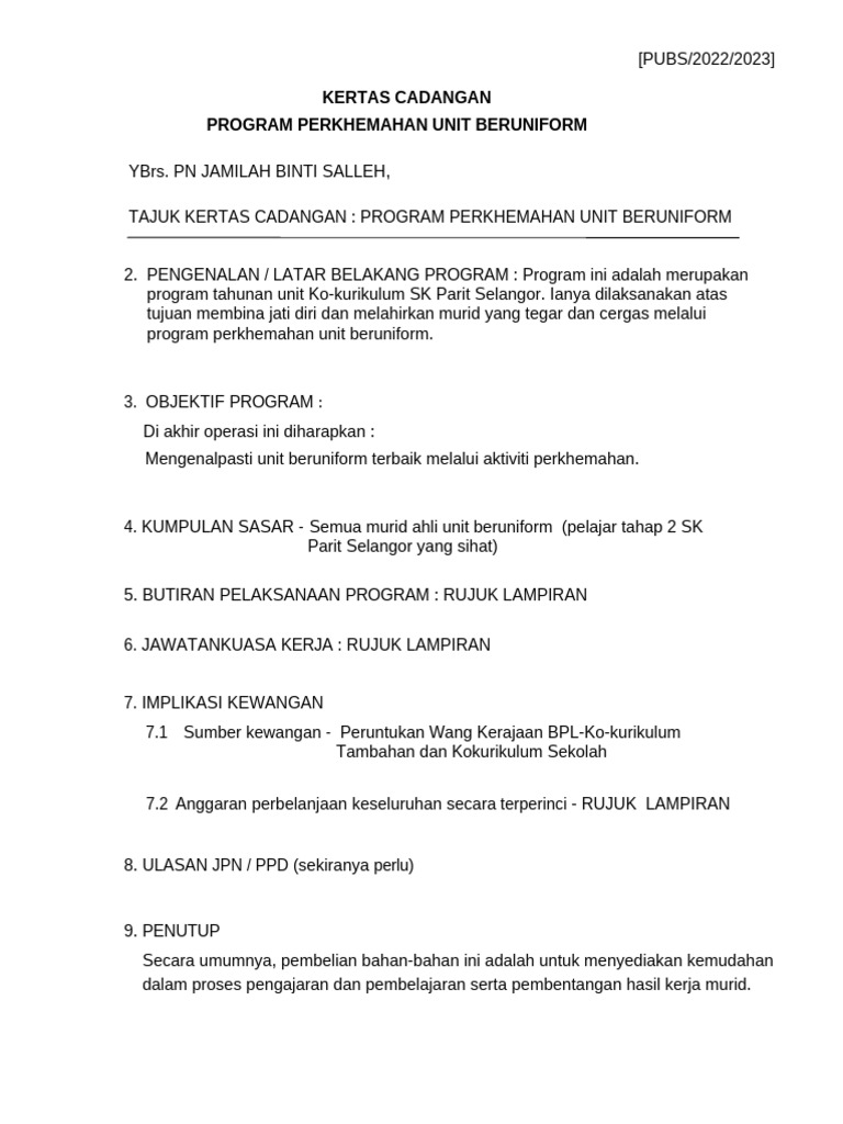 Kertas Kerja Perkhemahan 2024 | PDF