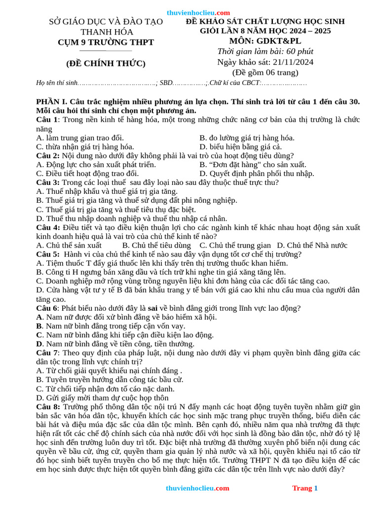 De Giao Luu HSG GDKT Va PL 12 Lien Truong Thanh Hoa 24 25 | PDF