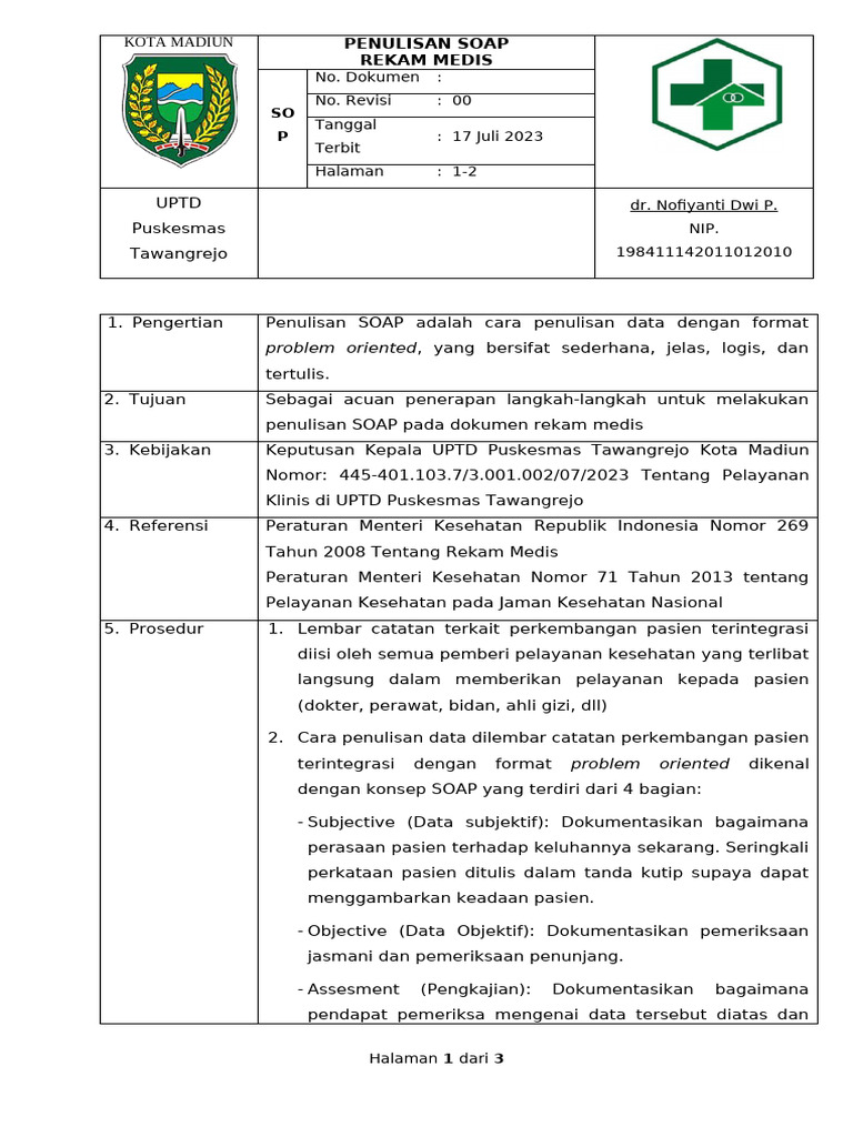 (-No - Dokumen) SOP - PENULISAN - SOAP - REKAM - MEDIS - 2023 | PDF