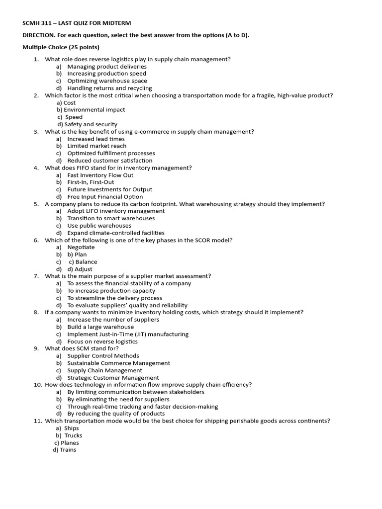 Scmh 311 Long Quiz Midterm | PDF | Supply Chain | Lean Manufacturing