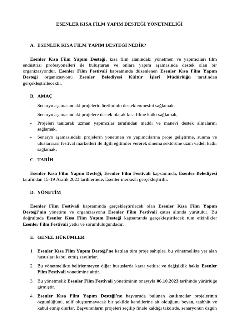 Esenler Kisa Film Yapim Destegi Yonetmeligi 2023 1 | PDF