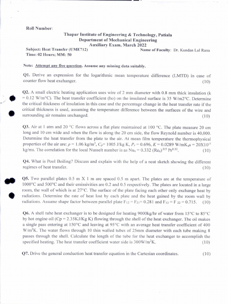 Heat Transfer Exam Questions UME712 | PDF | Heat Transfer | Heat Exchanger