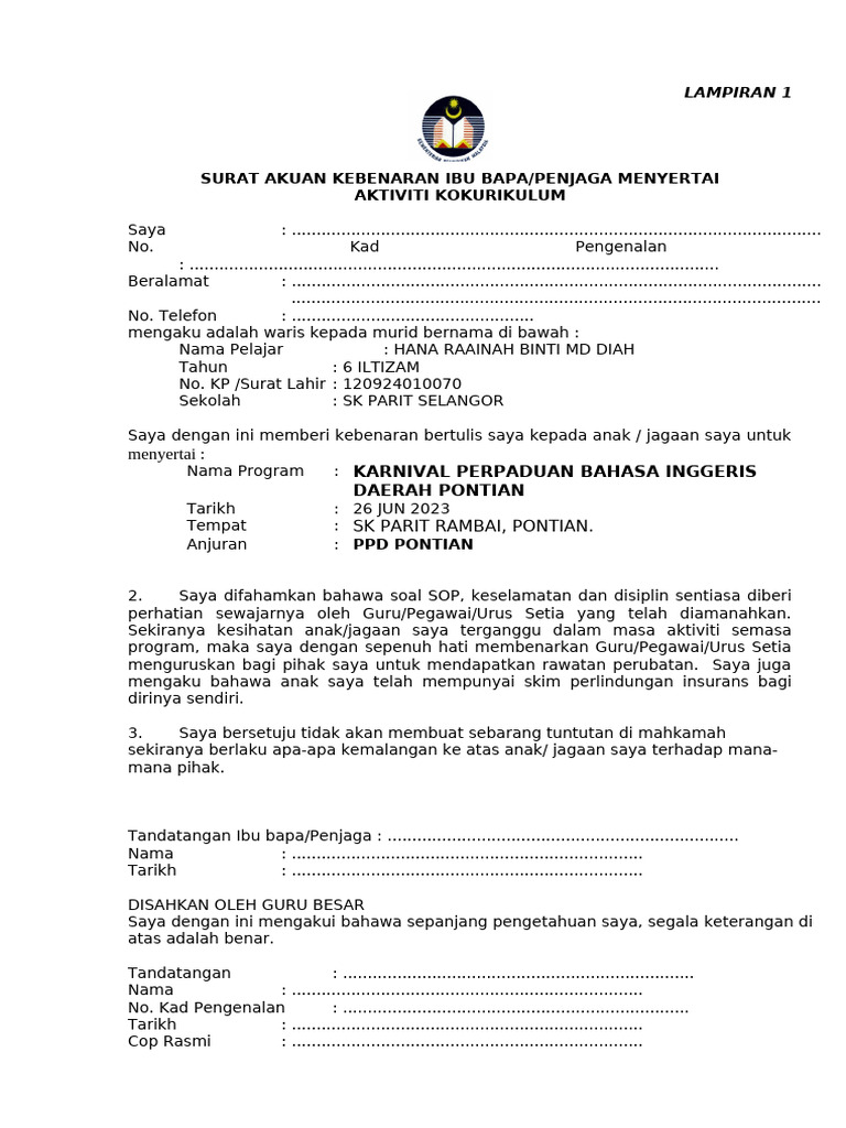 Borang Kebenaran Hana Ra Bi | PDF