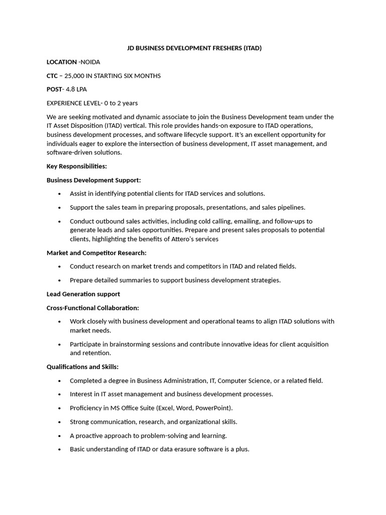 JD Business Development Freshers | PDF