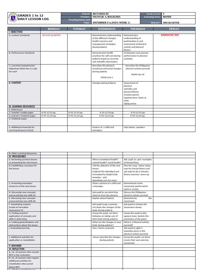 DLL_MAPEH 5_Q2_W1 | PDF | Learning | Teachers