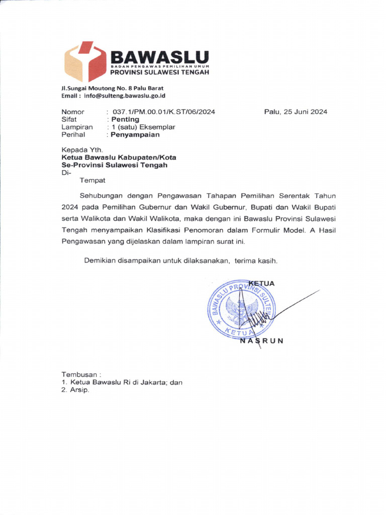 Surat Penyampaian Bawaslu Kabupaten Kota | PDF