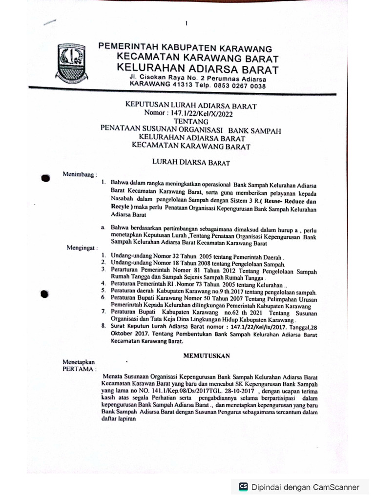 SK Bank Sampah Karawang Barat | PDF