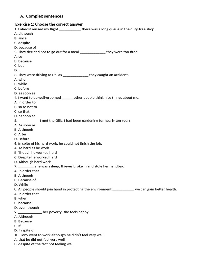 Complex Sentence Exercises and Solutions | PDF