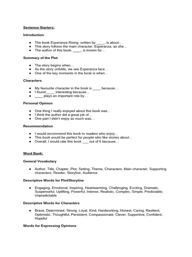 Esperanza Rising Book Review Sentence Starters and Word Bank | PDF