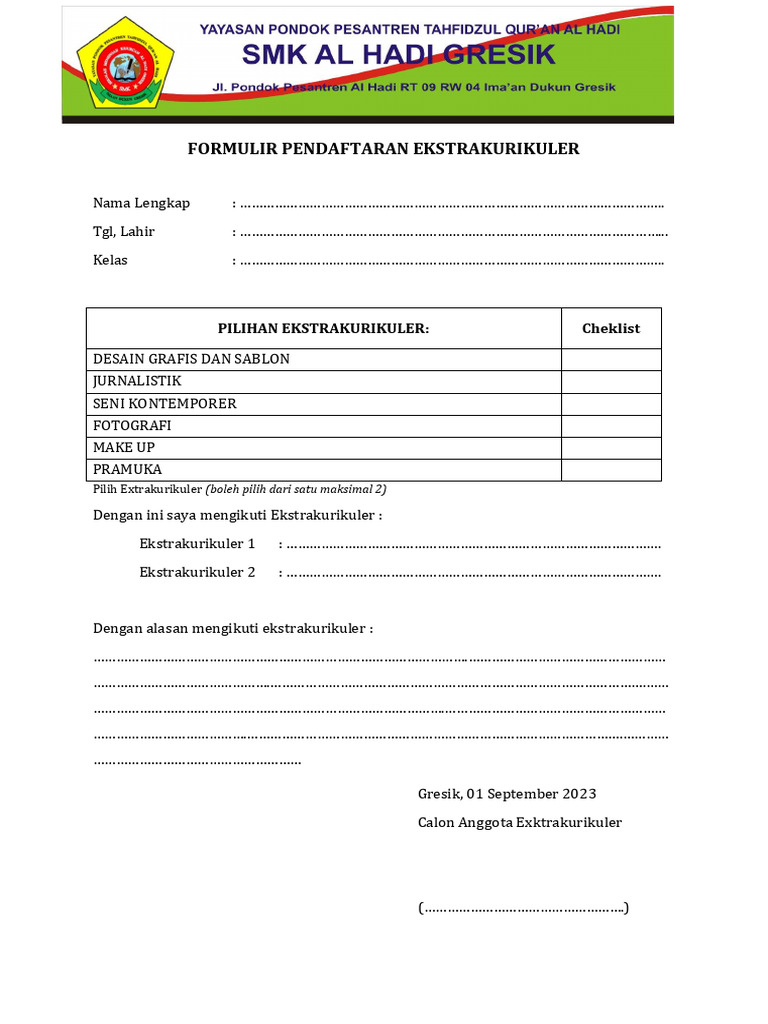 Formulir Pendaftaran Ekstrakurikuler | PDF