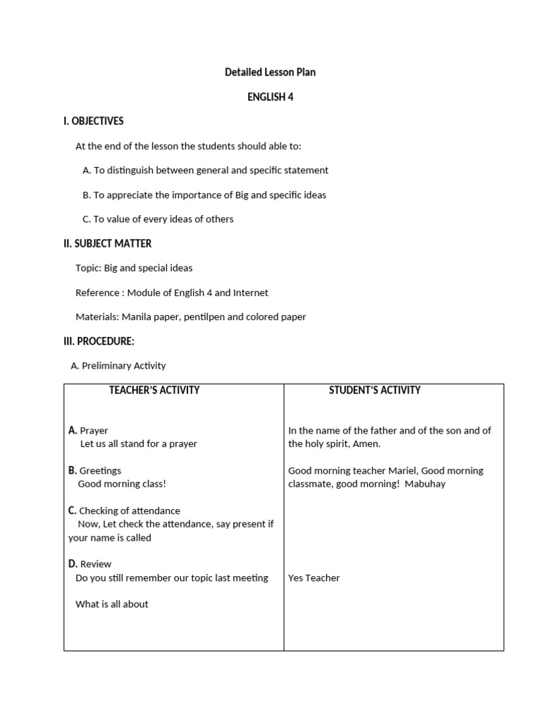 Detailed Lesson Plan ENGLISH | PDF