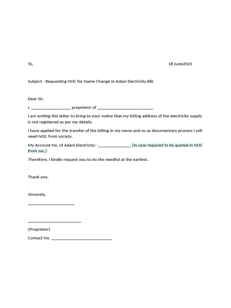 226 Requesting NOC For Name Change in Adani Electricity Bill. | PDF