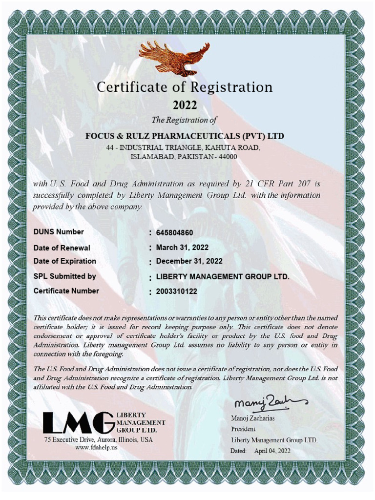 Focus& Rulz FDA Certificate2022 | PDF