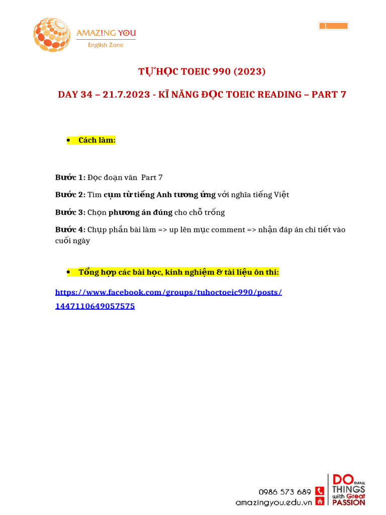 Tự Học Toeic 990 - Day 34 - 21.7 - Toeic Reading Part 7 | PDF