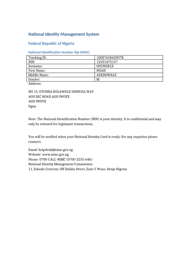 NIN Slip Output | PDF