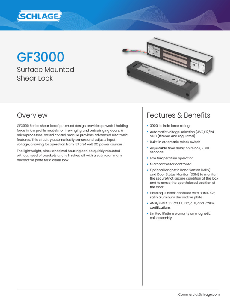 Schlage GF3000 Surface Mounted Electromagnetic Locks Data Sheet 104159 ...