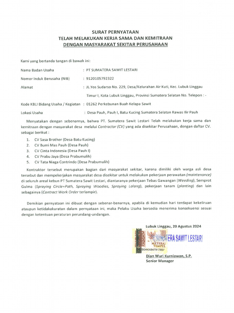 Surat Pernyataan Kerja Sama & Kemitraan | PDF