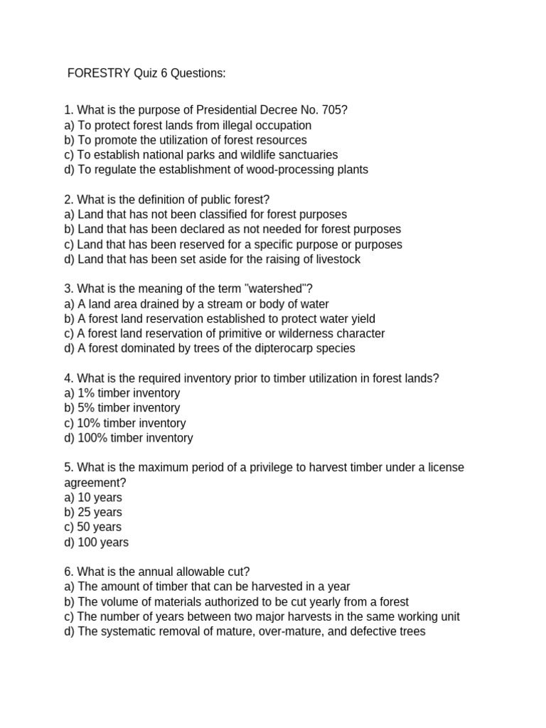 FORESTRY Quiz 6 Questions | PDF | Forestry | Forests