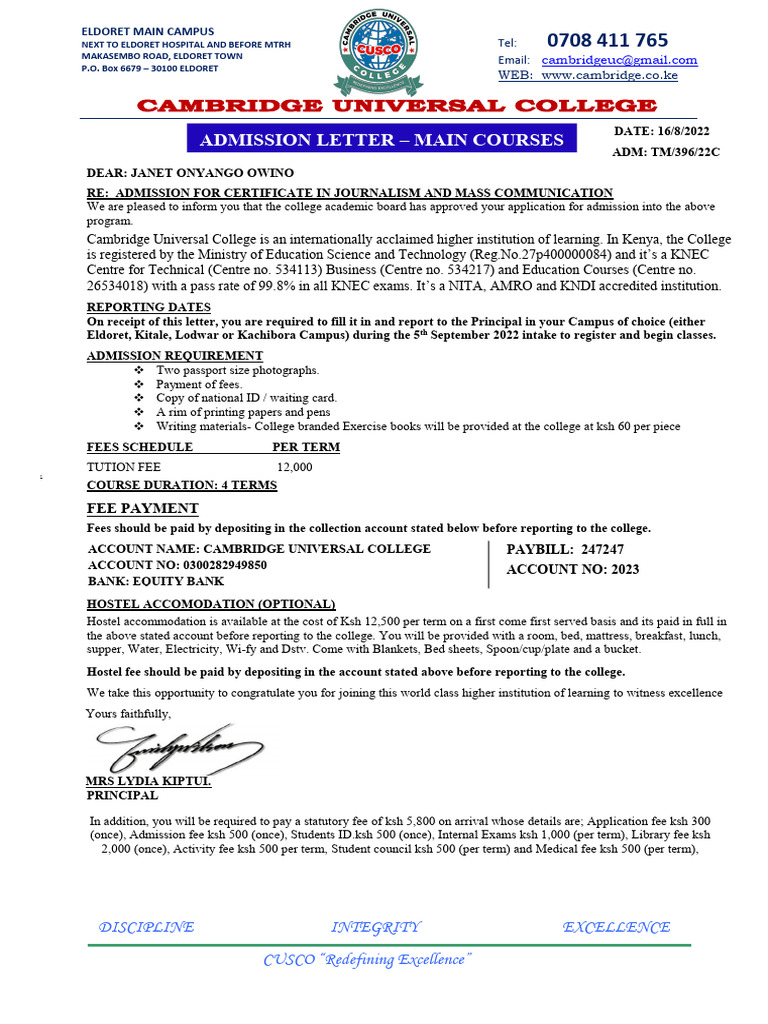 Janet Onyango Owino Adm Letter 1 1 | PDF