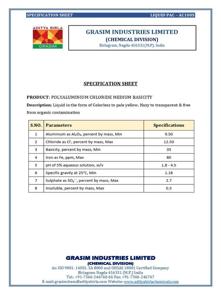 Specification Sheet-PAC Liquid AC100S | PDF