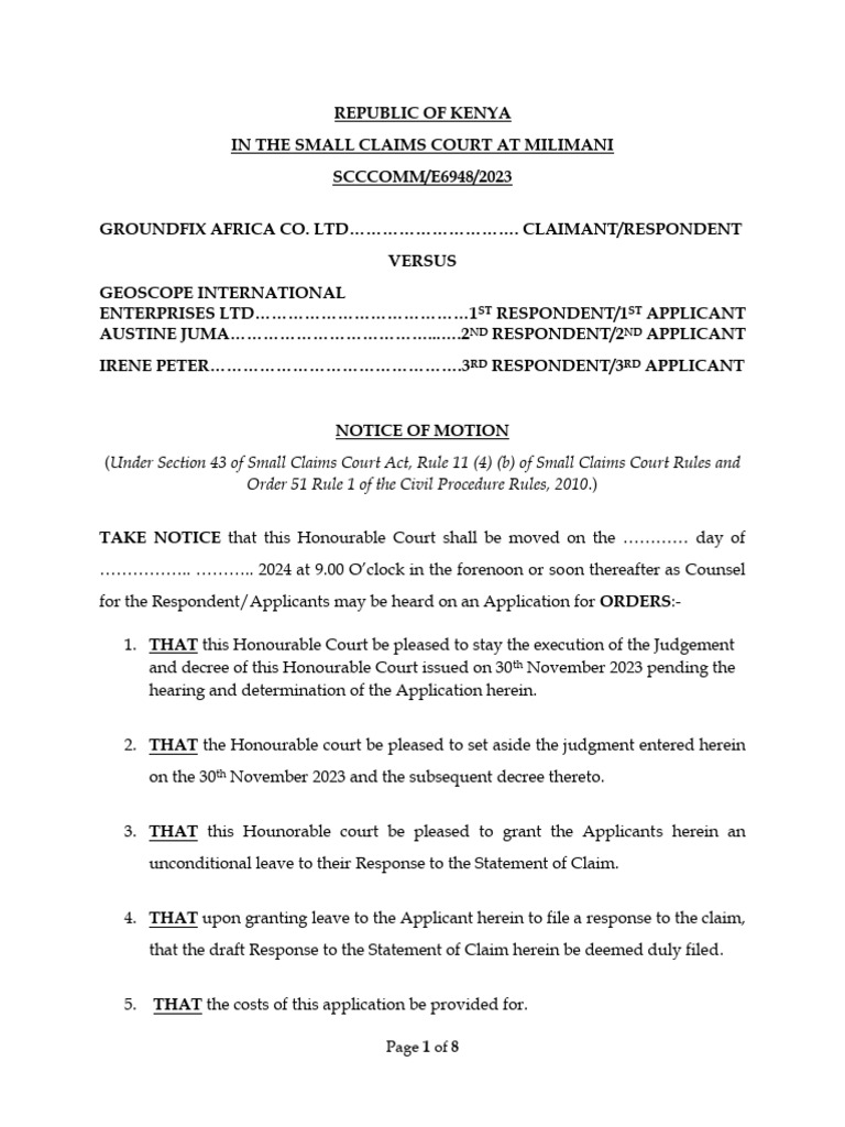 Kenya Small Claims Court Motion Notice | PDF | Judgment (Law) | Legal ...