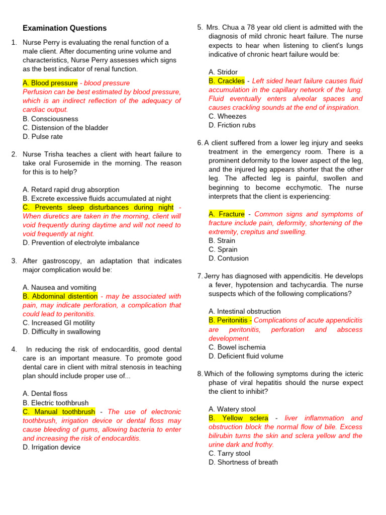Nursing Exam Questions on Patient Care | PDF | Heart Failure | Heart