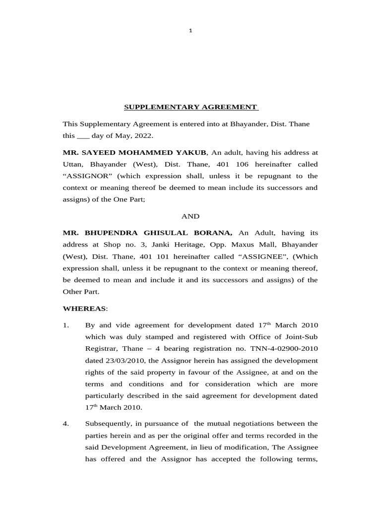 Supplementary Agreement for Development | PDF | Assignment (Law) | Consent