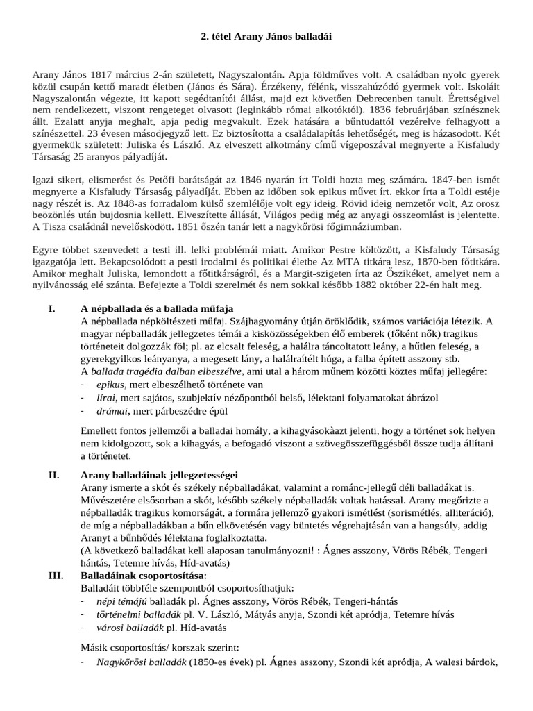 Tétel - Arany János Balladái | PDF