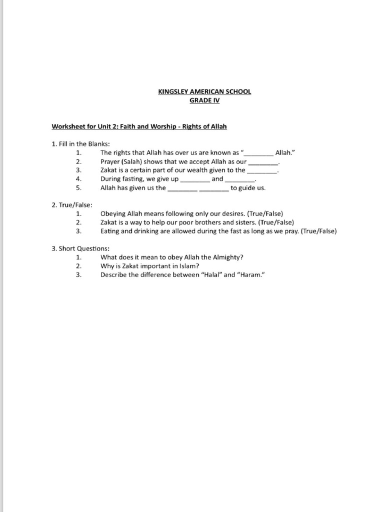 Islamiat Worksheets Grade 4 | PDF