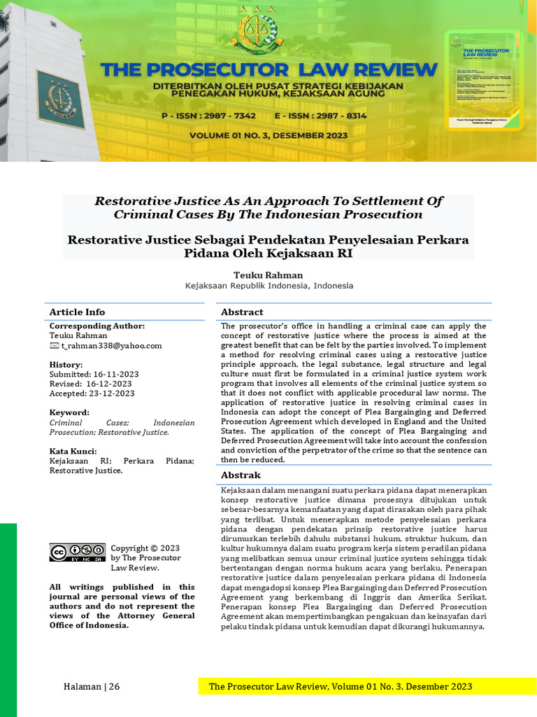 Restorative Justice As An Approach To Settlement of Criminal Cases by The Indonesian Prosecution ...