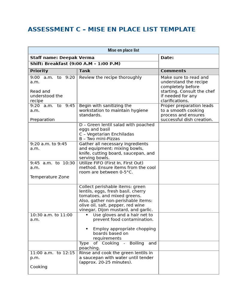 Mise en Place List for Breakfast Shift | PDF | Salad | Cooking