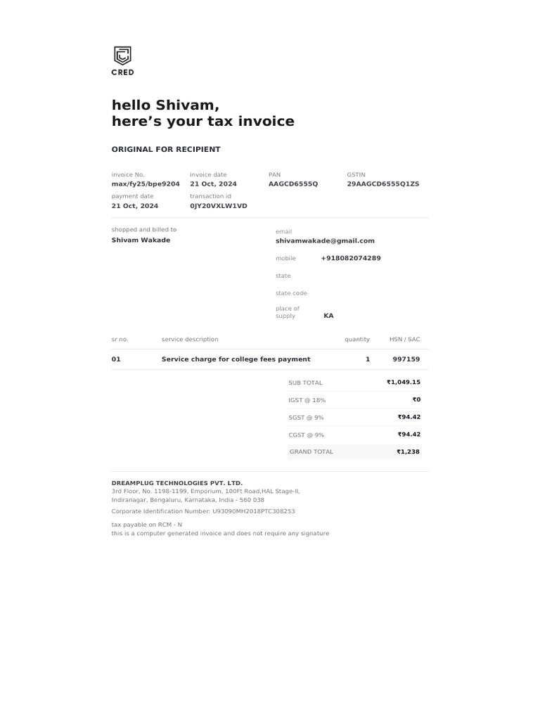 Hello Shivam, Here's Your Tax Invoice: Original For Recipient | PDF