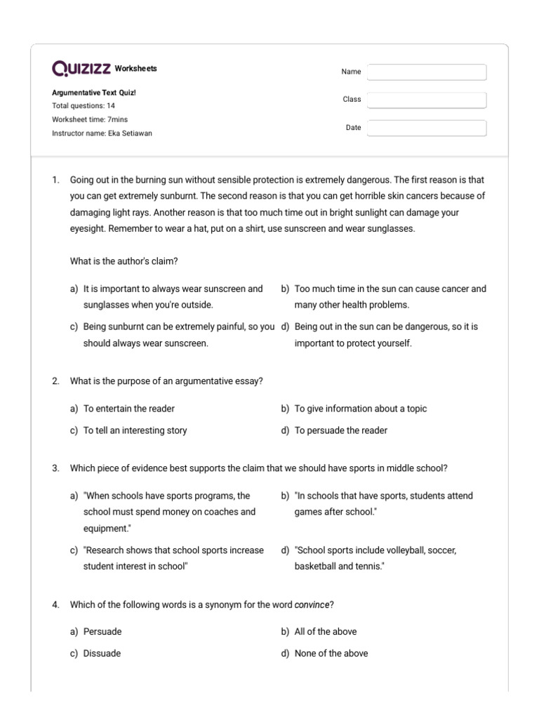 Argumentative Text Quiz! _ Quizizz (1) | PDF | Reason | Evidence
