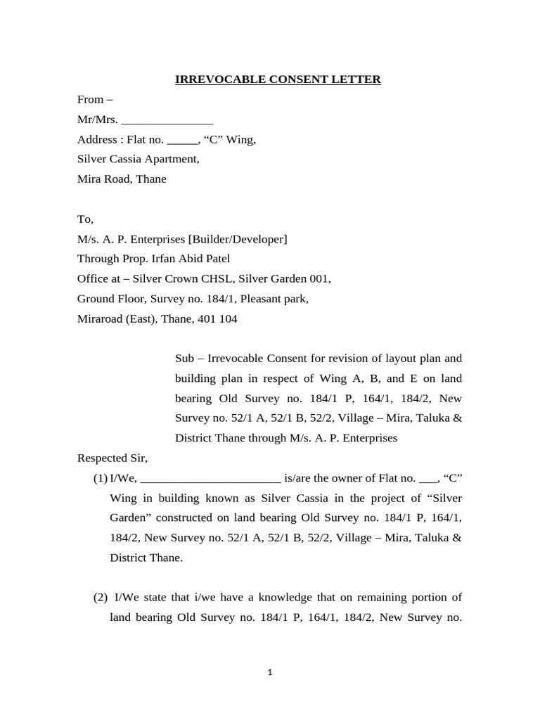 IRREVOCABLE CONSENT LETTER (Irfan Patel A P Enterprises) | PDF