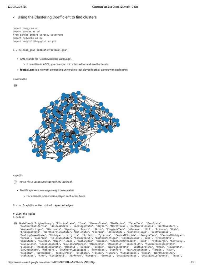 Clustering the Ego Graph (2).ipynb - Colab | PDF | Ncaa Football | Ncaa ...